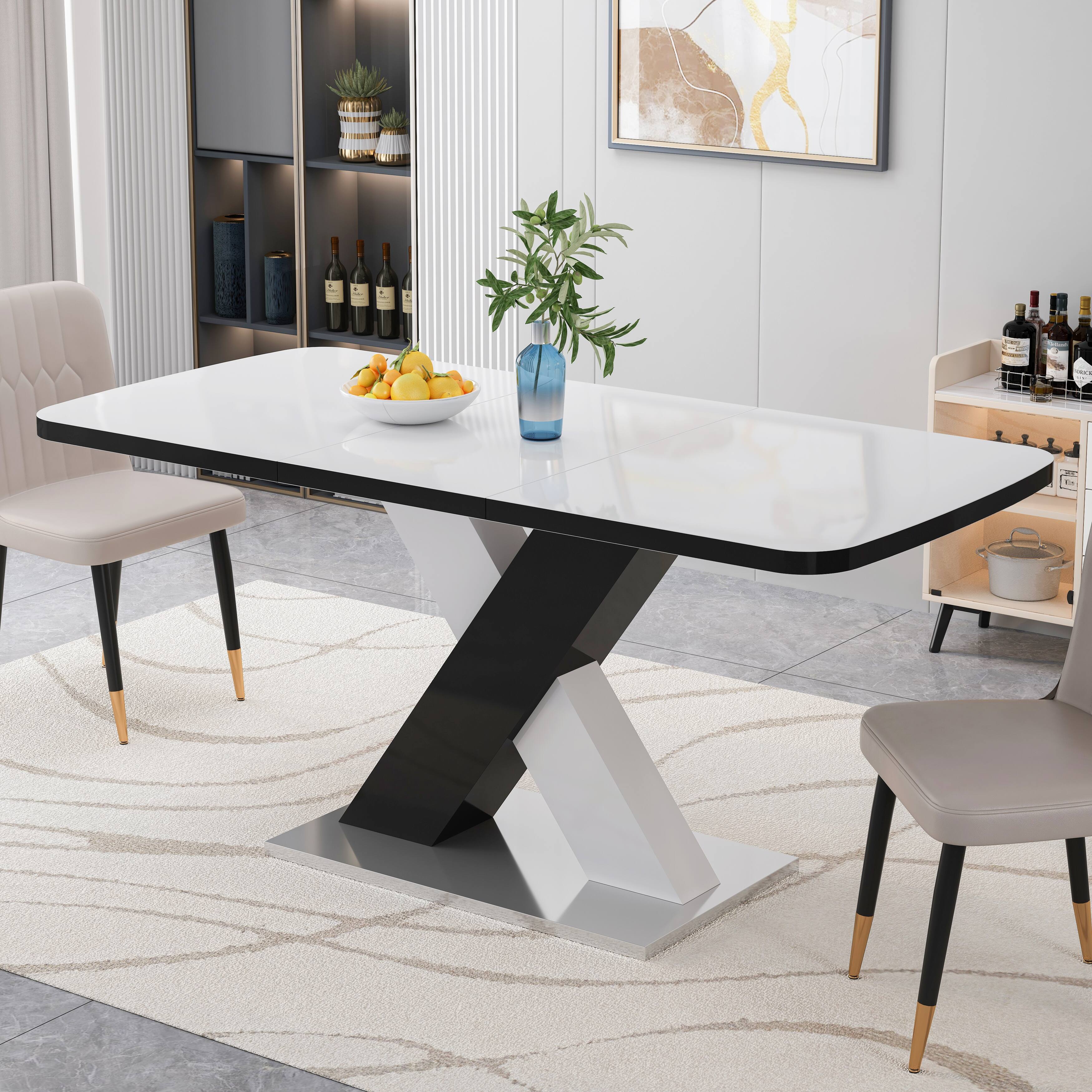 Modern Square Dining Table Stretchable White Table Top MDF X Shape Black and White Color Table Leg with Metal Base